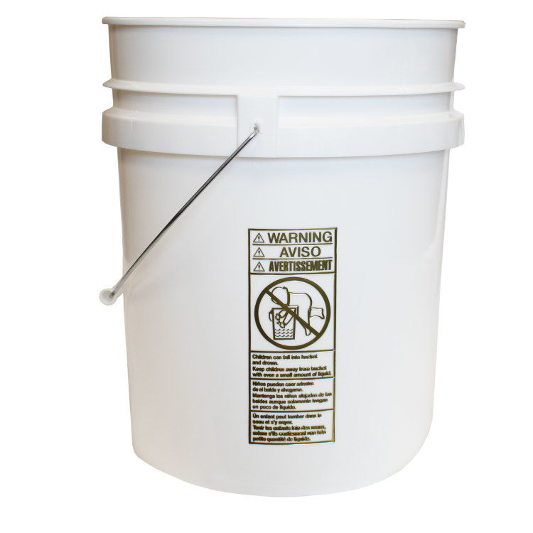 5 GALLON WHITE HDPE OPEN HEAD PAIL, GOLD CWL, UN RATED, METAL HANDLE W ...
