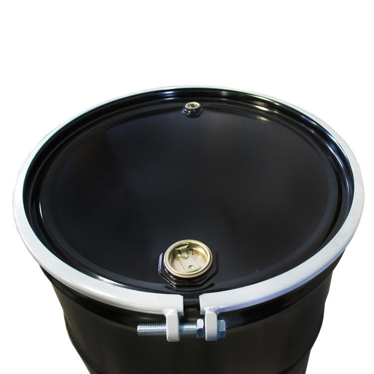 55 Gallon Black Buff Steel Open Head Drum w/ Black Cover, 2" & 3/4" Tri ...