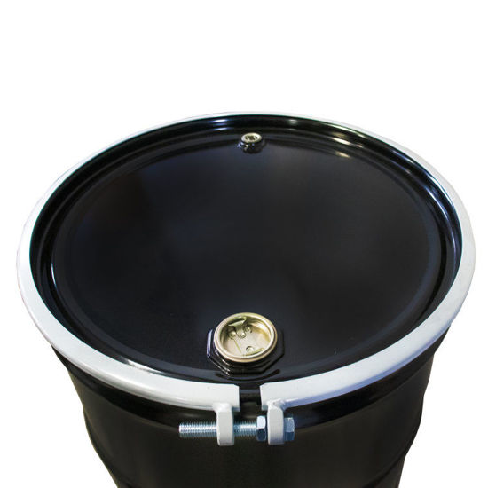 55 Gallon Black Buff Steel Open Head Drum w/ Black Cover, 2" & 3/4" Tri ...