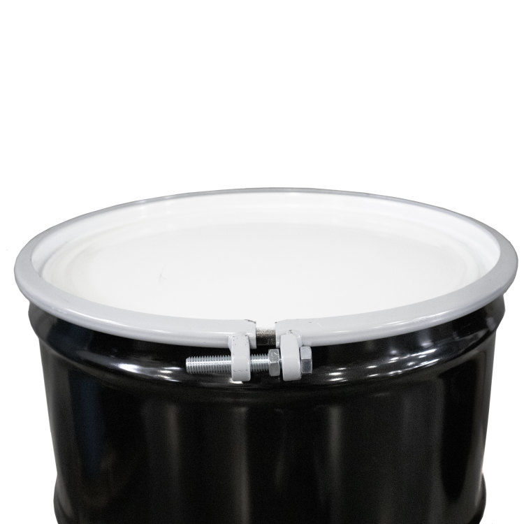 55 GALLON BLACK INHIBITED STEEL OPEN HEAD DRUM, WHITE COVER, NO FITTING, BOLT RING, UN RATED ...