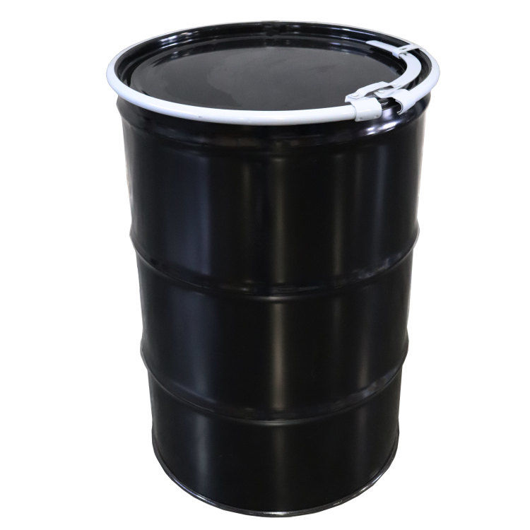 55 Gallon Black Unlined Steel Open Head Drum, w/ Black Cover, Lever Lock Ring, UN Rated ...