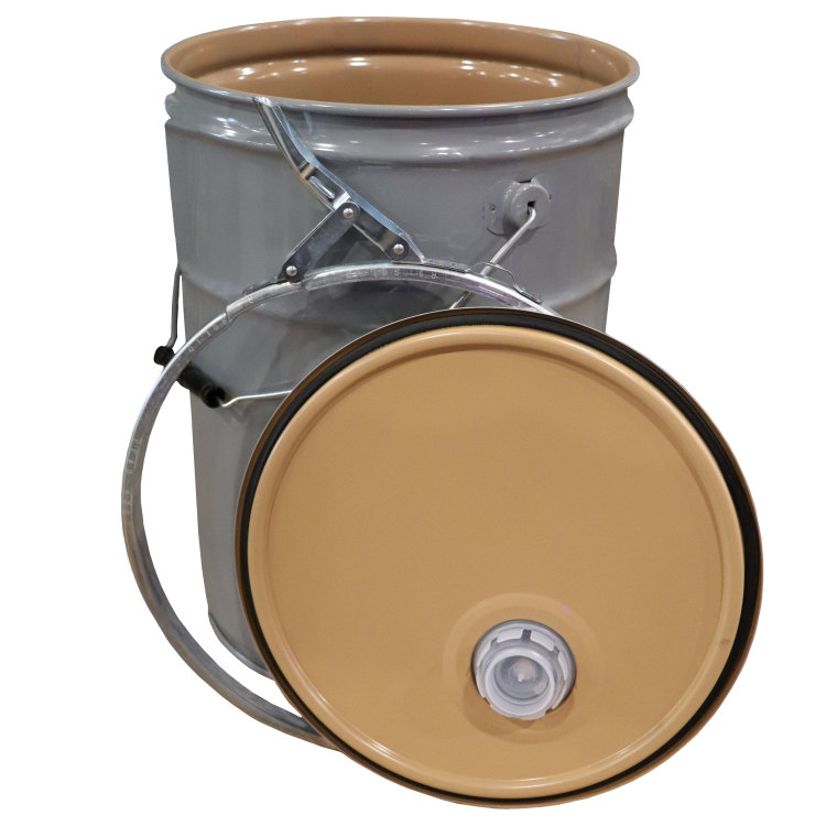 6 Gallon Gray Steel Open Head Pail, Double Bead, Buff Lining, Ring Seal ...