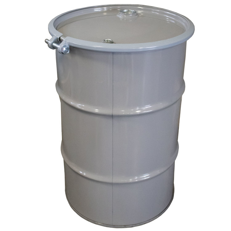 30 Gallon Gray Unlined Steel Open Head Drum w/ Gray Cover, 2" Fitting, Bolt Ring, UN Rated ...