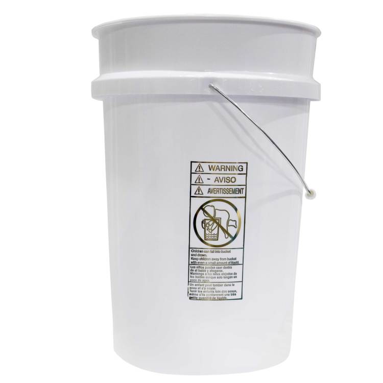 6 GALLON WHITE HDPE OPEN HEAD PAIL W/ CHILD WARNING LABEL, METAL HANDLE ...